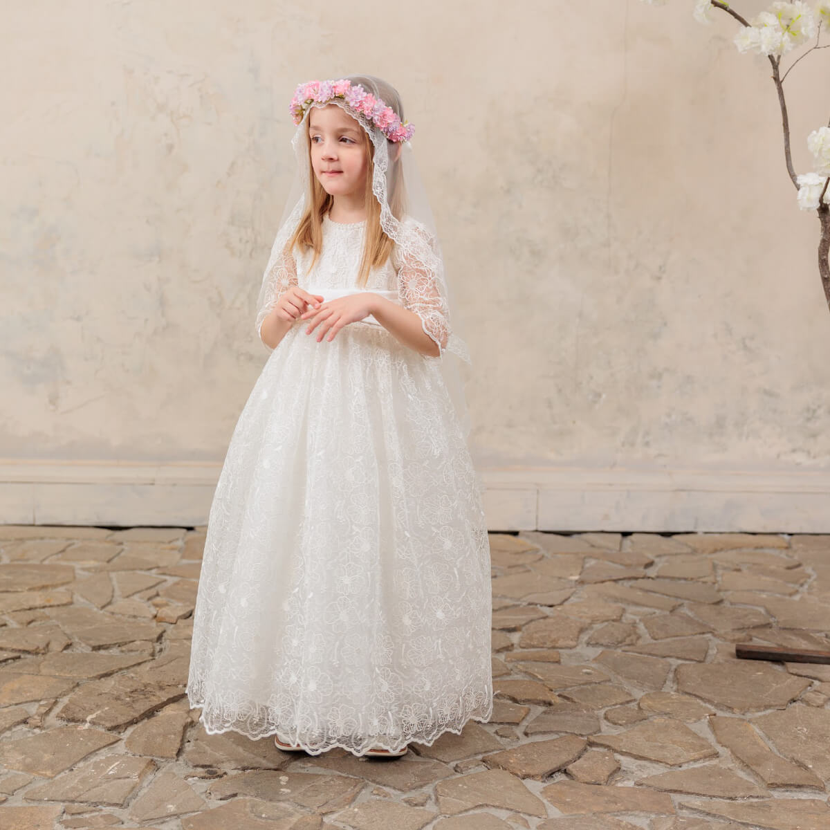 White First Communion Dress | Veil & Flower Wreath | Battesimo